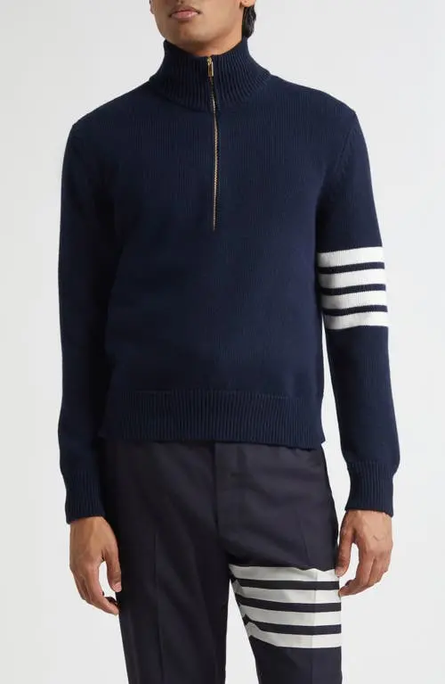 Thom Browne 4-bar Jersey Stitch Virgin Wool Half Zip Sweater - Navy