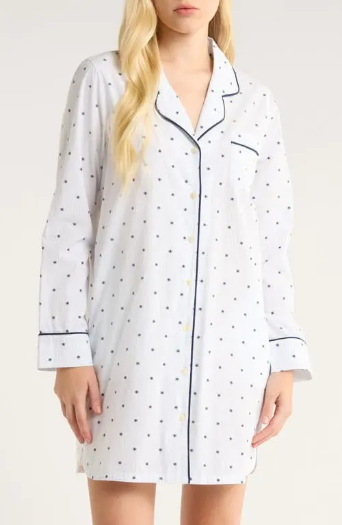 Nordstrom Classic Piped Cotton Nightshirt - Blue- Navy Snowflake Stripe