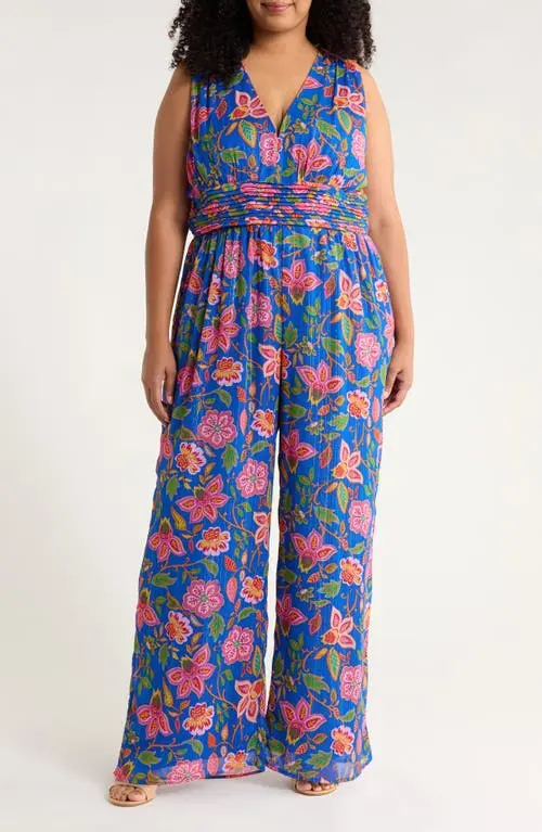 SUGARLIPS Metallic Stripe Floral Sleeveless Jumpsuit - Blue-mult