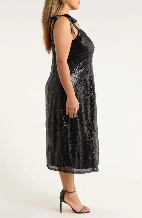SUGARLIPS Sequin Tie Strap Midi Dress - Black
