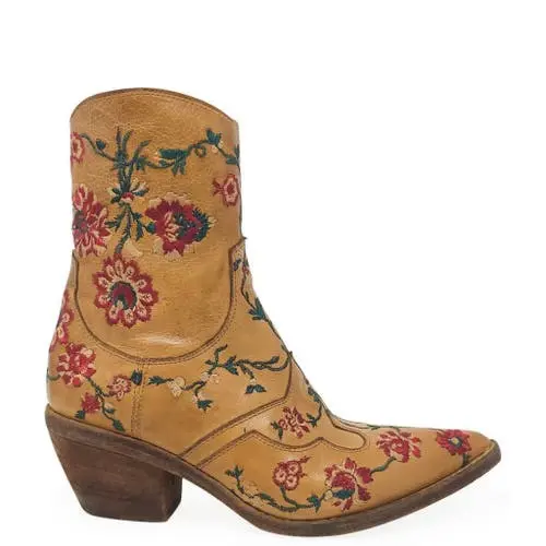 MADISON MAISON Leather Embroidered Ankle Boot - Tan