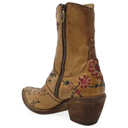 MADISON MAISON Leather Embroidered Ankle Boot - Tan
