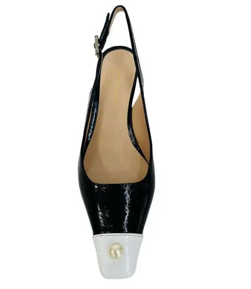 MADISON MAISON Kitten Heel Slingbacks With Pearl Accent - Black/white