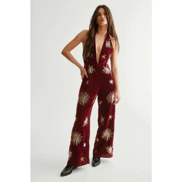 Nasty Gal Star Embellished Velvet Halter Jumpsuit - Wine