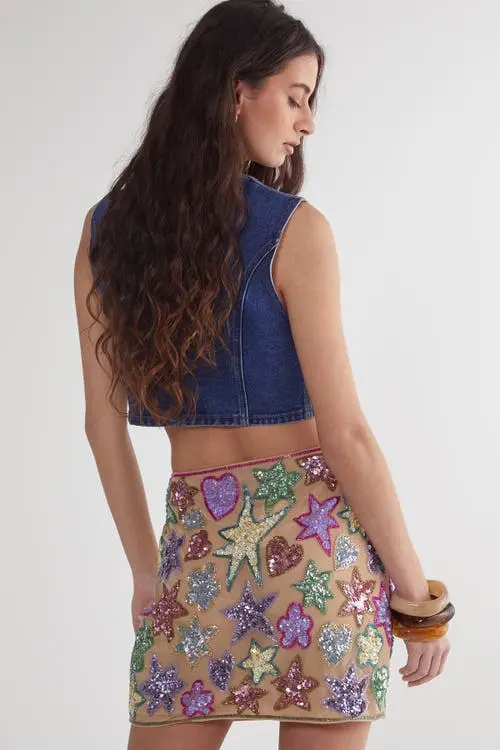 Nasty Gal Hand Embellished Star And Heart Sequin Mini Skirt