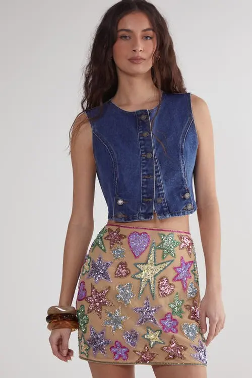 Nasty Gal Hand Embellished Star And Heart Sequin Mini Skirt