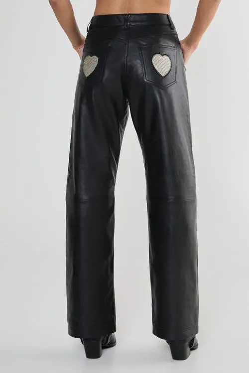 Nasty Gal Straight Leg Leather Pants With Star And Heart Appliqu