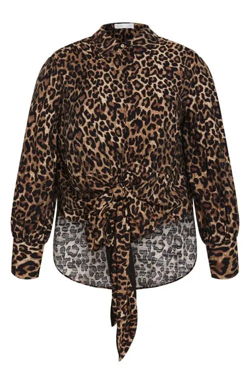 City Chic Ellie Long Sleeve Tie Front Shirt - Leopard