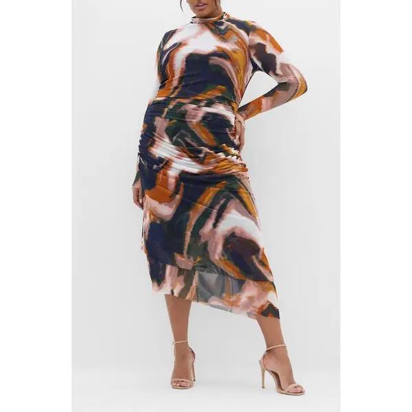 City Chic Zia Print Long Sleeve Ruched Mesh Dress - Glaze