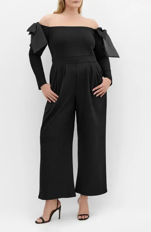 City Chic Off-the-shoulder Bow Jumpsuit - Black
