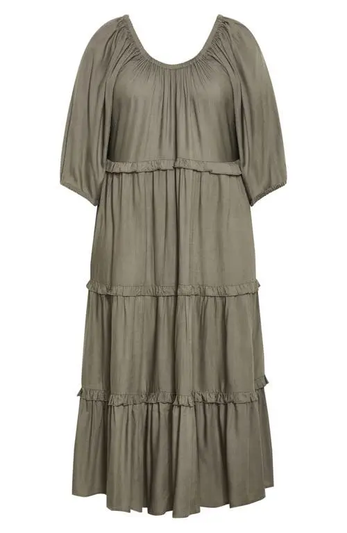 City Chic Ophelia Ruffle Tiered Dress - Khaki