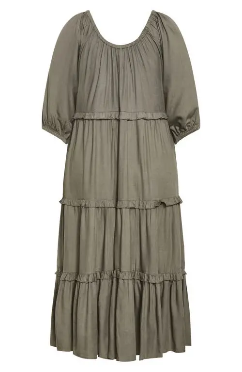 City Chic Ophelia Ruffle Tiered Dress - Khaki