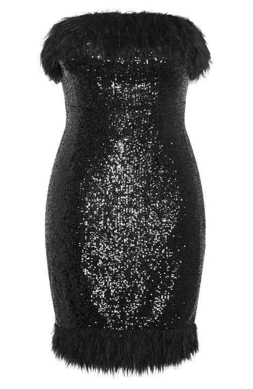 City Chic Sequin Feather-trim Strapless Dress - Black