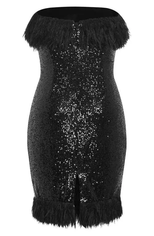 City Chic Sequin Feather-trim Strapless Dress - Black