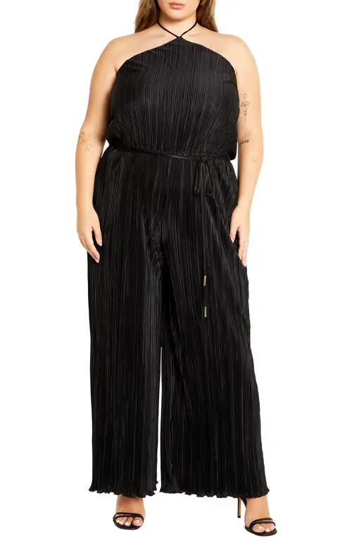 City Chic Plissé Halter Jumpsuit - Black