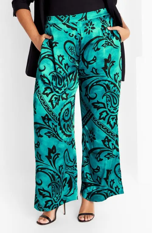 City Chic Belen Print Pull-on Wide Leg Pants - Green Print