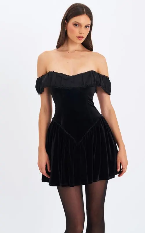 MISS CIRCLE NEW YORK Daisha Lace Trimmed Off-shoulder Ruched Mini Dress