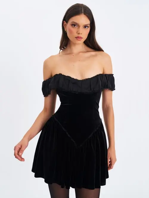 MISS CIRCLE NEW YORK Daisha Lace Trimmed Off-shoulder Ruched Mini Dress