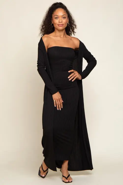 PINKBLUSH Ribbed Sleeveless Dress Cardigan Set - Black