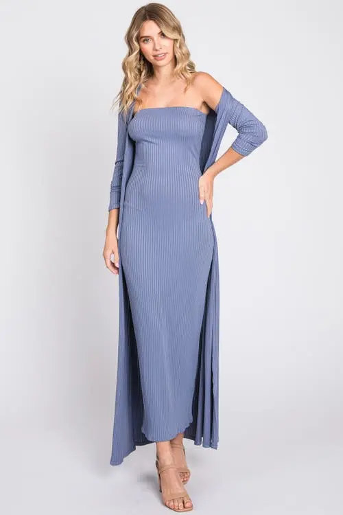 PINKBLUSH Ribbed Sleeveless Dress Cardigan Set - Blue