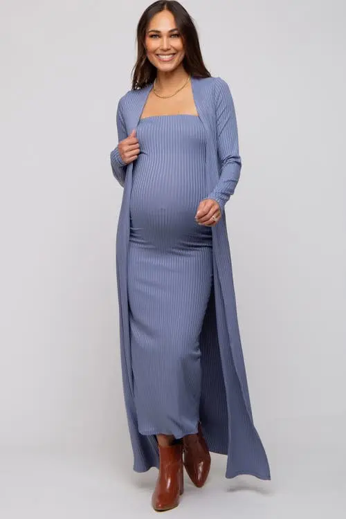 PINKBLUSH Ribbed Sleeveless Dress Cardigan Set - Blue