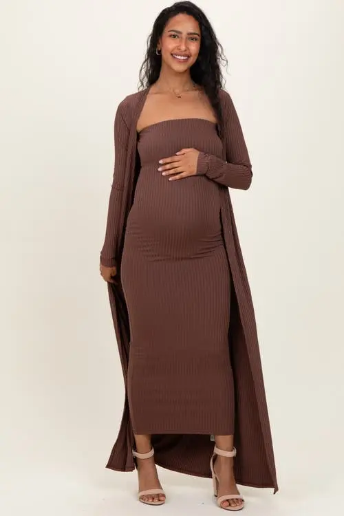 PINKBLUSH Ribbed Sleeveless Dress Cardigan Set - Brown