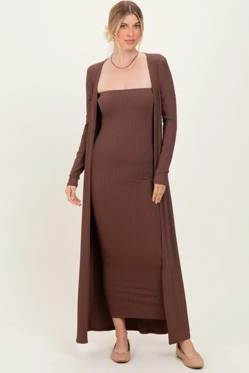 PINKBLUSH Ribbed Sleeveless Dress Cardigan Set - Brown