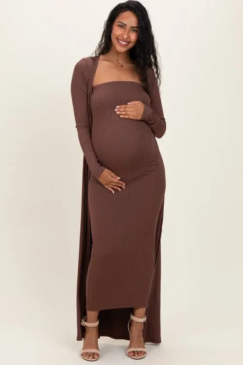 PINKBLUSH Ribbed Sleeveless Dress Cardigan Set - Brown