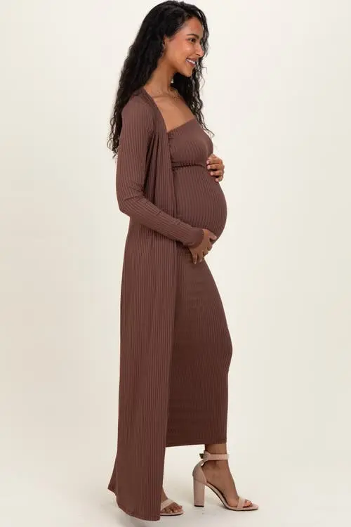 PINKBLUSH Ribbed Sleeveless Dress Cardigan Set - Brown