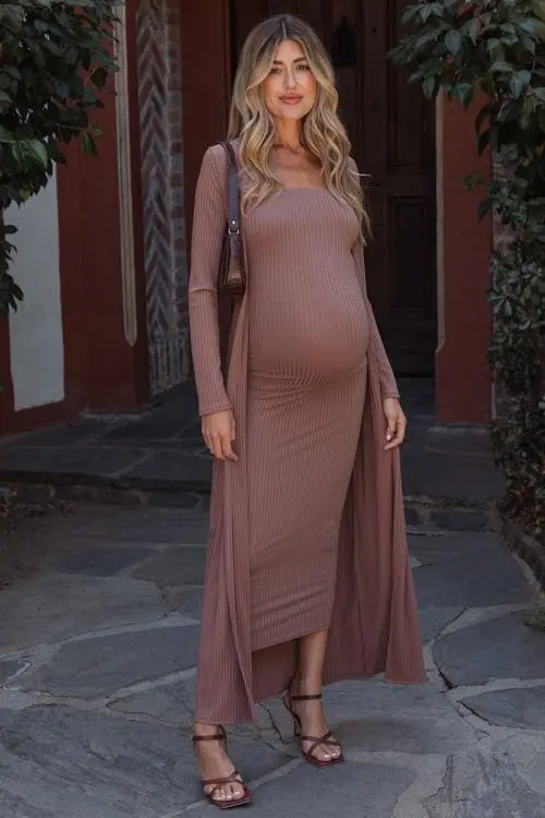 PINKBLUSH Ribbed Sleeveless Dress Cardigan Set - Mocha