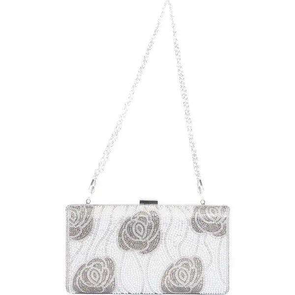 LAUREN LORRAINE Rhinestone Floral Clutch With Chain Strap - Silver