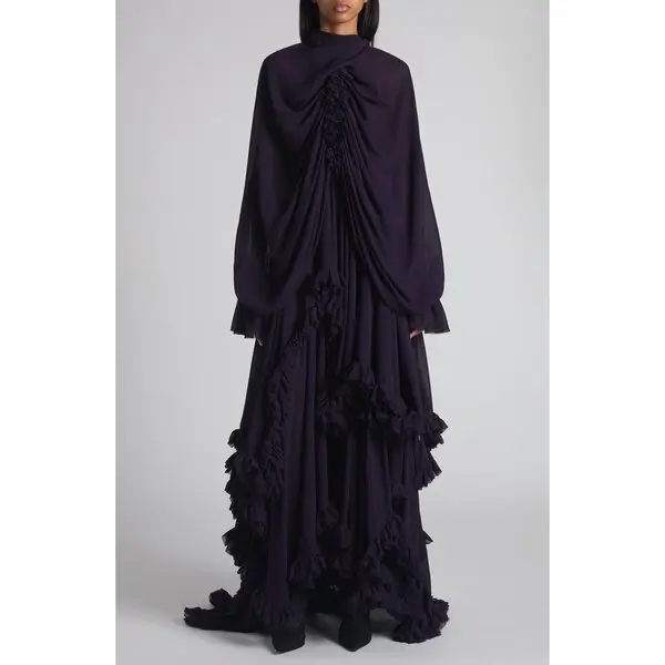 Alexander McQueen Draped Ruffle Long Sleeve Silk Georgette Gown