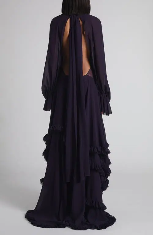 Alexander McQueen Draped Ruffle Long Sleeve Silk Georgette Gown