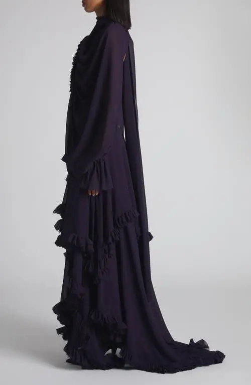 Alexander McQueen Draped Ruffle Long Sleeve Silk Georgette Gown