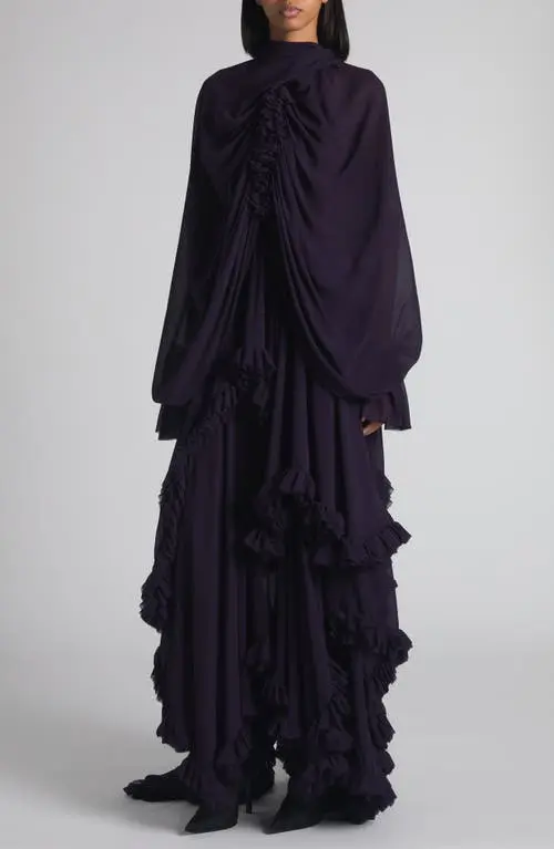 Alexander McQueen Draped Ruffle Long Sleeve Silk Georgette Gown