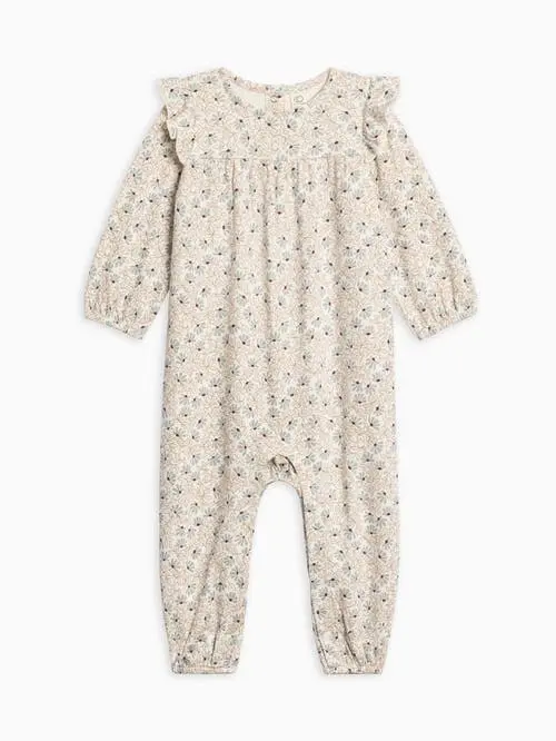 COLORED ORGANICS Organic Cotton Jine Ruffle Sleeve Romper - Pamela Floral /mist + Navy