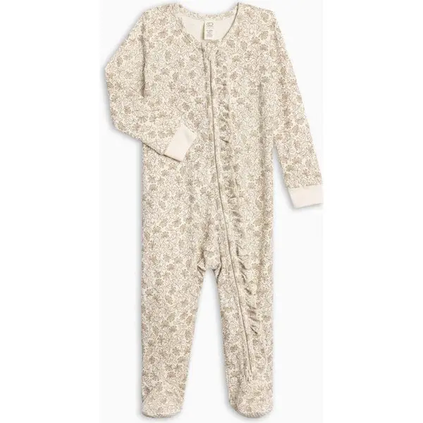 COLORED ORGANICS Organic Cotton Neve Ruffle Zipper Sleeper - Laverne Floral /taupe