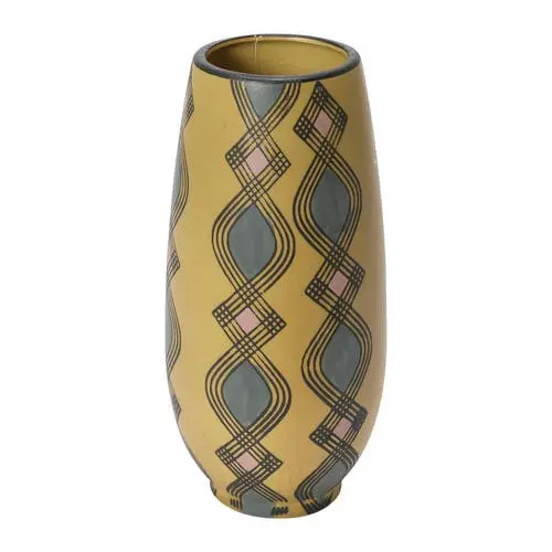 STORIED HOME Hand Painted Stoneware Vase With Pattern - Yellow