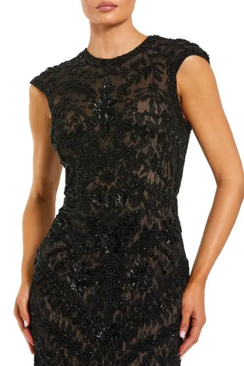 Mac Duggal Beaded High Neck Lace Mesh Column Gown