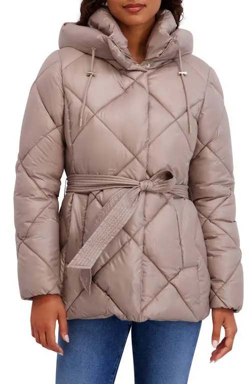 Kensie Belted Diamond Quilted Puffer Coat - Champagne
