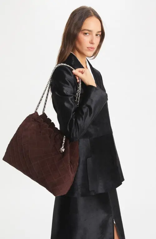 Tory Burch Fleming Soft Quilted Suede Hobo Bag - Licorice