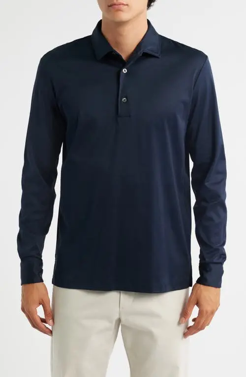 AURELIEN Mercerized Cotton Long Sleeve Polo - Navy