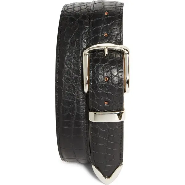 NOAH Croc Embossed Leather Belt With Metal Tip - Black