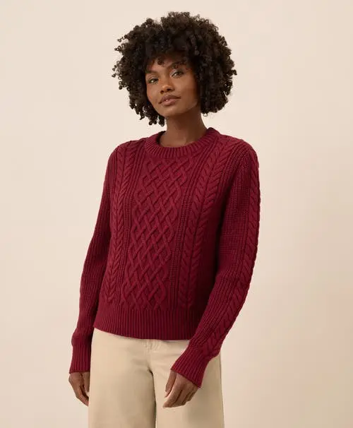 PACT Cable Knit Crew Sweater - Crimson Red