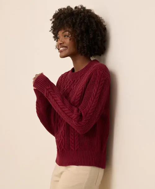 PACT Cable Knit Crew Sweater - Crimson Red