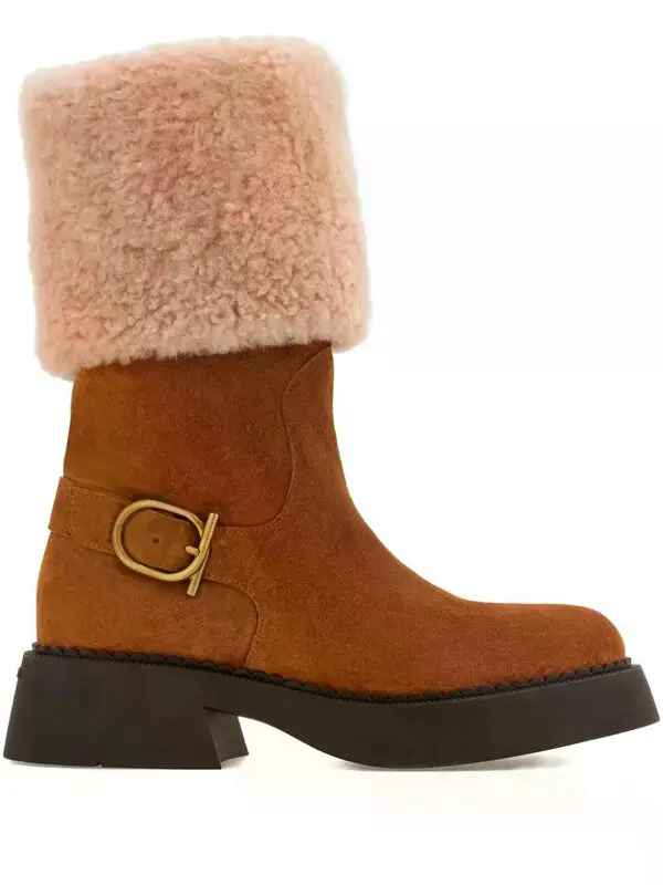 FERRAGAMO Shearling Buckle Ankle Boots