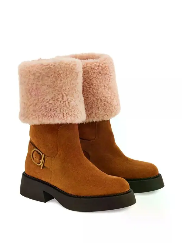 FERRAGAMO Shearling Buckle Ankle Boots