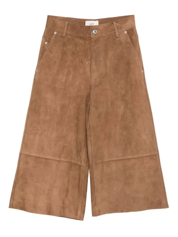 AMI Paris Wide Leg Suede Trousers - Brown