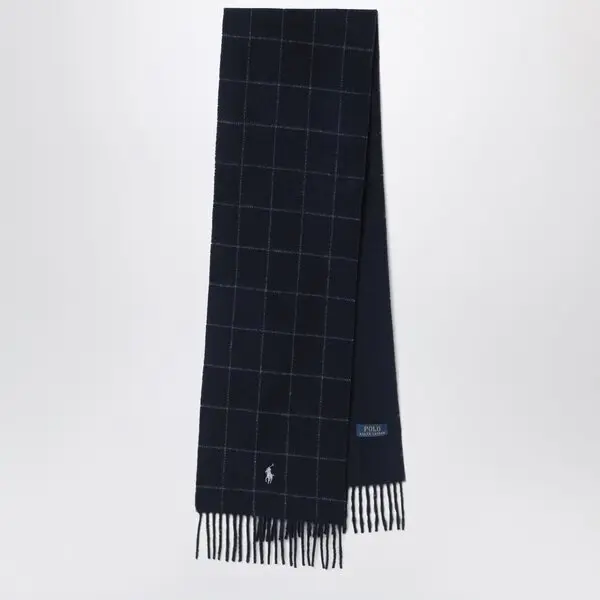 Ralph Lauren Navy Checked Scarf With Logo Embroidery - Blue