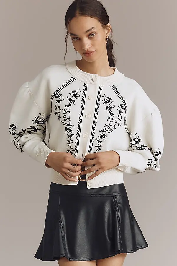 Anthropologie Sculpted Puff-sleeve Cardigan Sweater - Ivory Floral